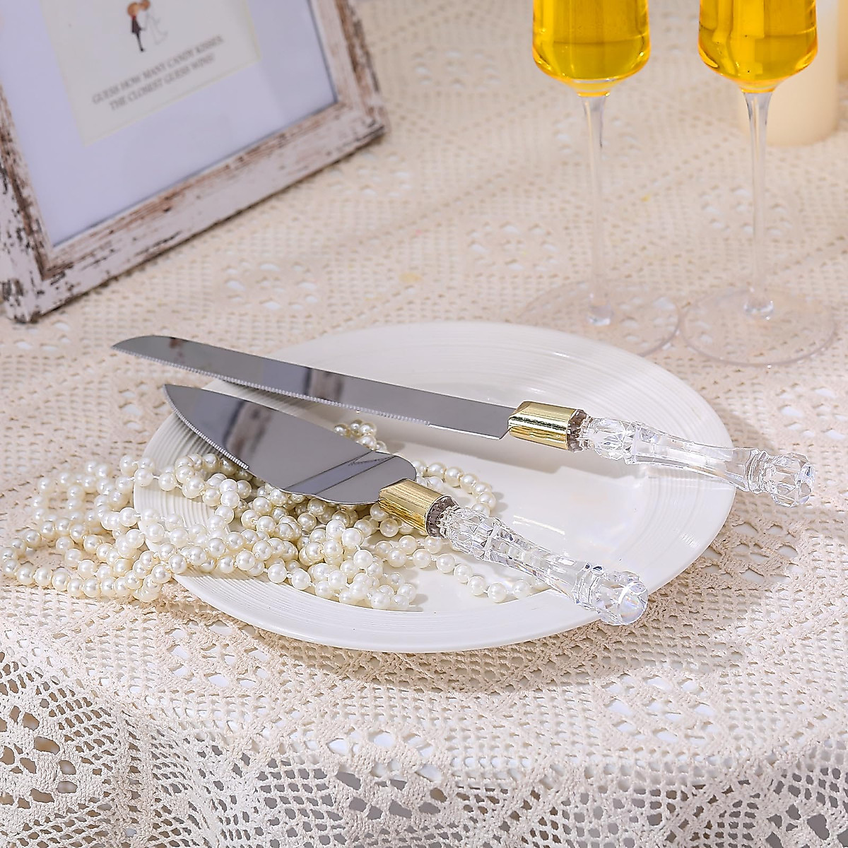 4 Pieces Wedding Toasting Flutes and Cake Server Set Wedding Reception Supplies Champagne Glasses Cake Knife Pie Server (Gold,Classic)