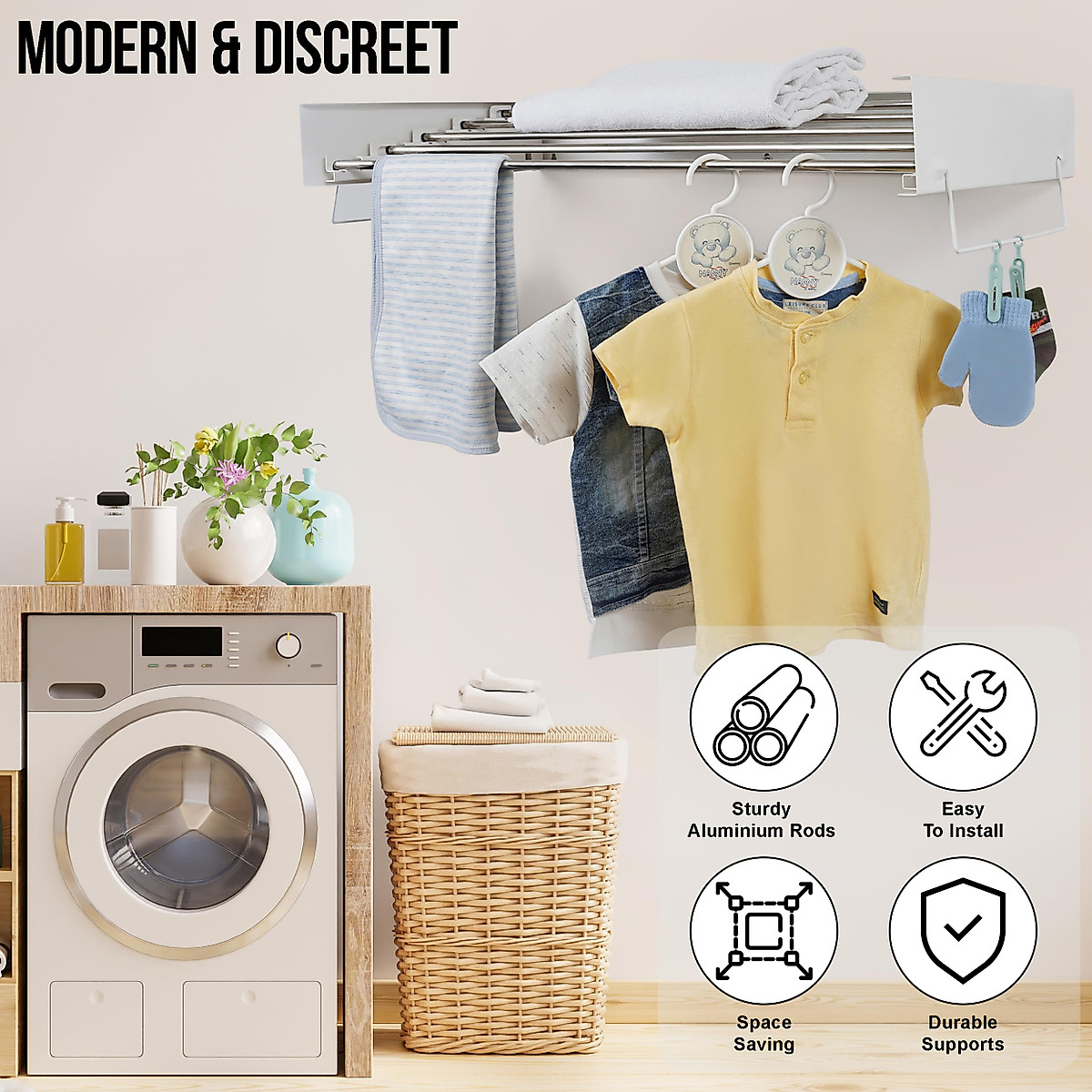 Zentuary Home Wall Mounted Clothes Drying Rack – Space-Saving Foldable Laundry Dryer Rack with 2 Towel Rails, Hangers & Pegs Included |Collapsible Wall Drying Rack | Indoor & Outdoor Use, 31.5 Inches