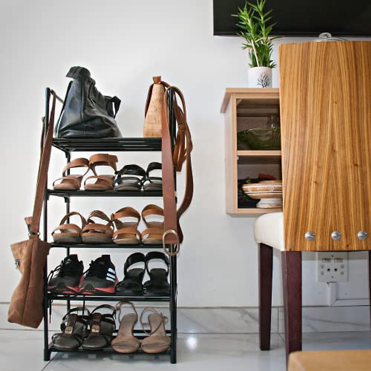 FIDUCIAL HOME: Simple Shoe Rack Organizer, 8-Tiers Stackable with side Hooks for Entryway, 16-20 Pairs Metal Shoe Shelve, Black