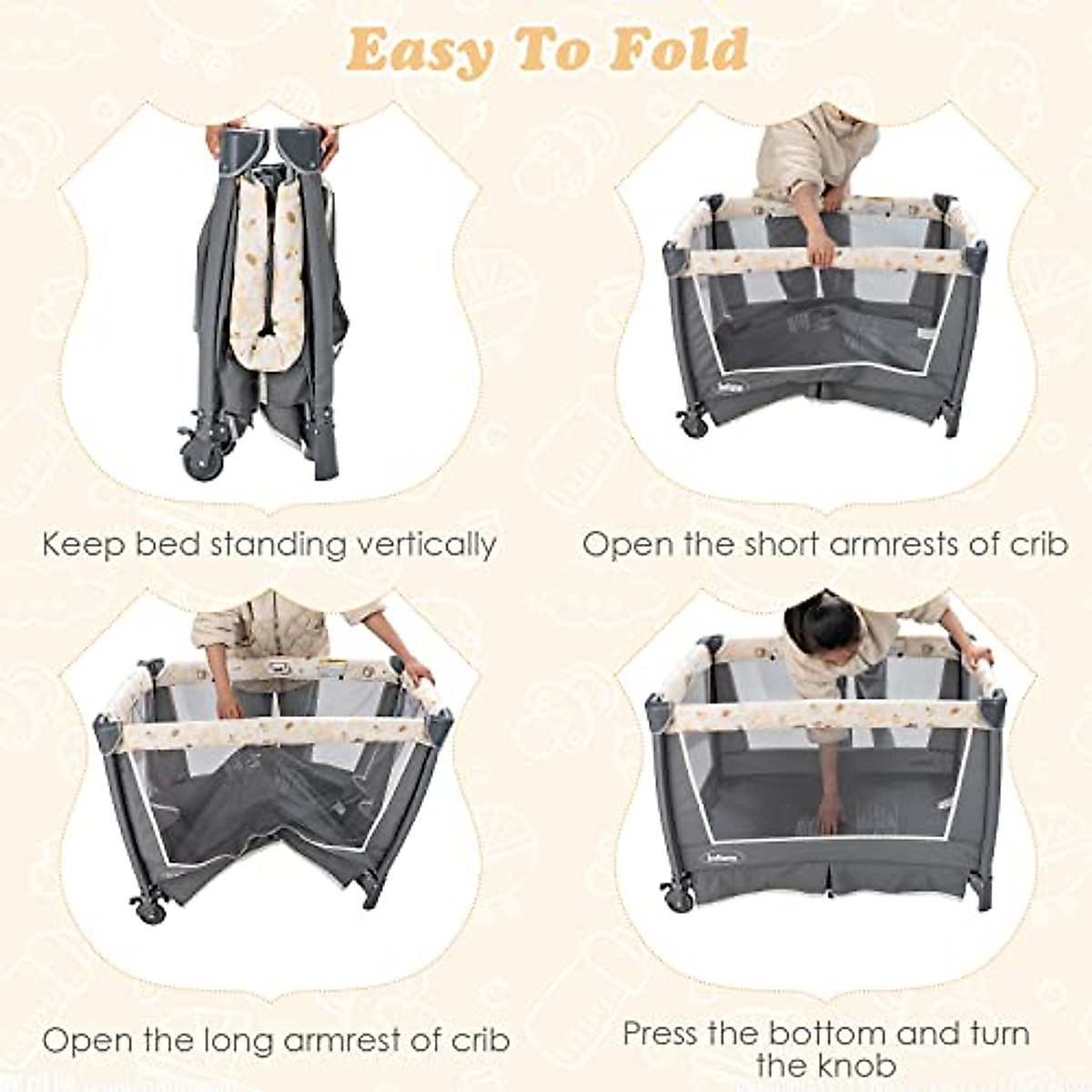 INFANS 4 in 1 Pack and Play, Portable Nursery Center for Baby Kid Infant, Comfortable Playard with Bassinet, Mattress, Diaper Changer, Cradle, Travel Bag, Toys, Music Box, Storage Basket(Monkey)