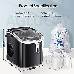 AGLUCKY Ice Makers Countertop,Protable Ice Maker Machine with Handle,Self-Cleaning, 26Lbs/24H, 9 Ice Cubes Ready in 8 Mins, with ice Scoop and Basket,for Home/Office/Kitchen (Black)