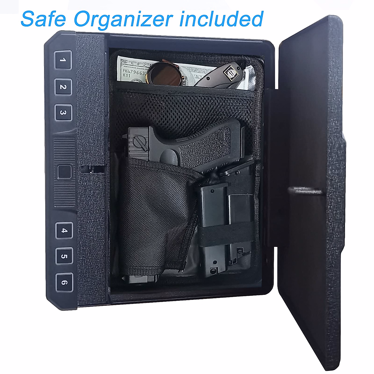 Biometric Gun Safe for Pistols, Wall Mounted Fingerprint Handgun Safe Lock Box for Bedside Car Nightstand Drawer Closet -with Security Cable/Light/Safe Organizer