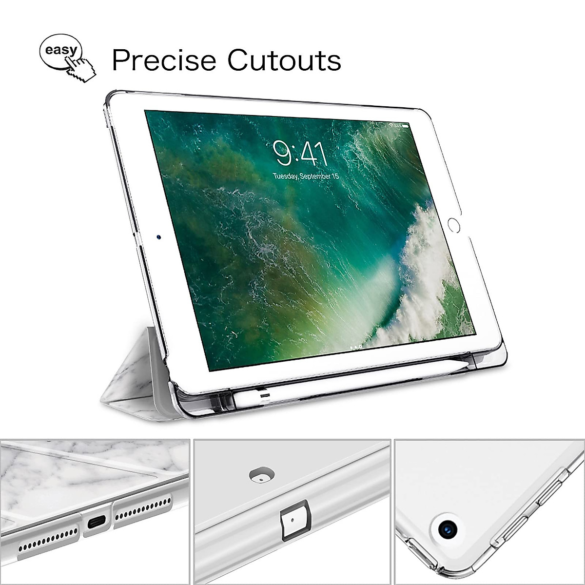 Fintie Case with Built-in Pencil Holder for iPad 6th / 5th Generation - Lightweight SlimShell Cover with Translucent Frosted Back, Supports Auto Wake/Sleep for iPad 9.7 Inch 2018/2017, Marble White