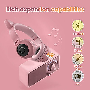 Cat Ear Kids Bluetooth Headphones Wired with Mic for School - Wireless Boy Girls Noise Cancelling Bluetooth Headphones Foldable Children Headsets for iPad Kindle Airplane Travel Tablet (Beige Pink)