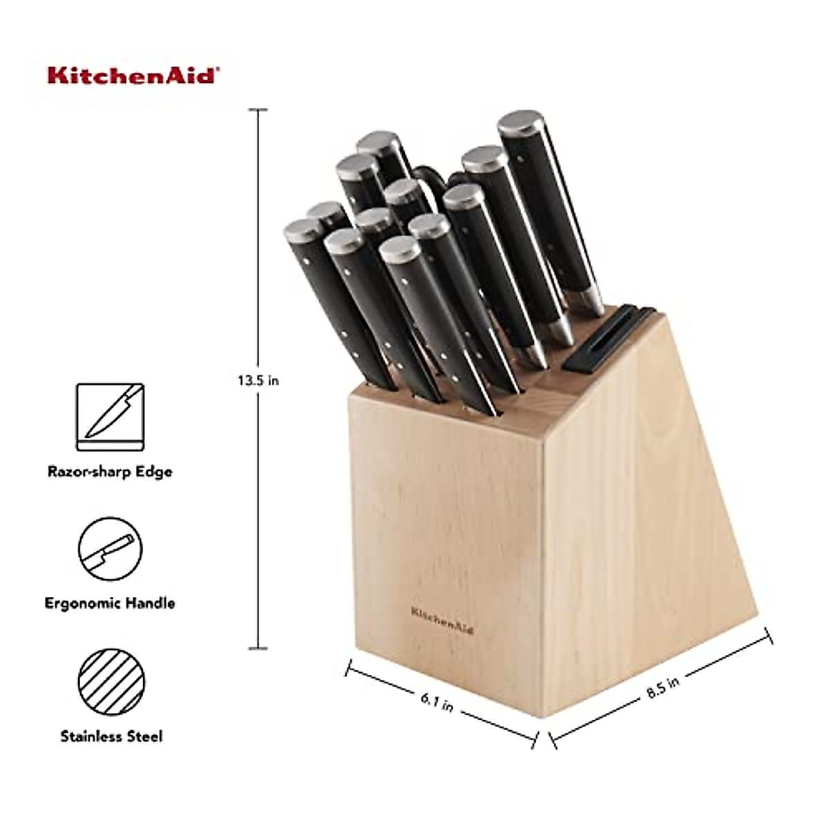 KitchenAid Gourmet 14 Piece Forged Triple Rivet Knife Block Set with Built in Knife Sharpener, High Carbon Japanese Stainless Steel Kitchen Knives, Sharp Kitchen Knife Set with Block, Birchwood
