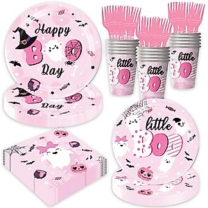 Happy BOO Day Birthday Party Decorations Set, Pink Halloween Birthday Plates,Napkins and Cups,Halloween Birthday Party Decorations for Girl, Girl Halloween Birthday Party Decorations,Serve 20 Guest.