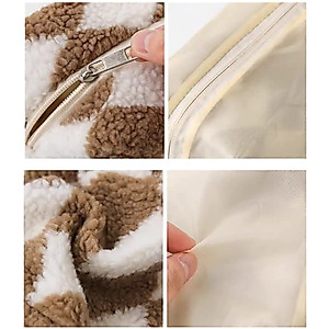 Checkered Makeup Bag, Checkered Plush Cosmetic Bag, Asthetic Plaid Handbags, Cute Zipper Large Travel Toiletry Bag, Soft Storage Pouch Pencil Case Fluffy Fuzzy Makeup Bag for Women Girls (Khaki)