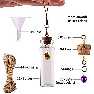 maxmau Mini Glass Bottles with Cork Stoppers 15ml Mini Jars Wishing Bottles 25pcs with Connection Accessories Twine Bell Decoration