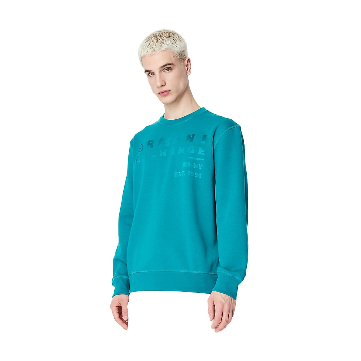 Armani Exchange Men's Organic Cotton Seasonal Basic Foil Lettering Crewneck Sweatshirt, Deep Lake, Extra Small