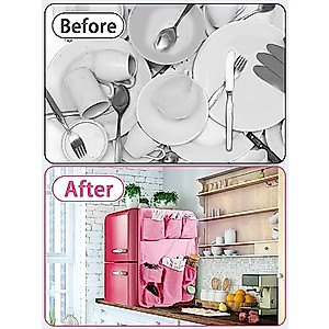 Extended Mini Fridge Caddy Organizer- 55" x 16.5" Dorm and Office Over the Fridge Caddy Organizer with 11Pockets for Flatware Drink Paper Goods- Over the Fridge Storage Organizer for Dorm Office, Pink