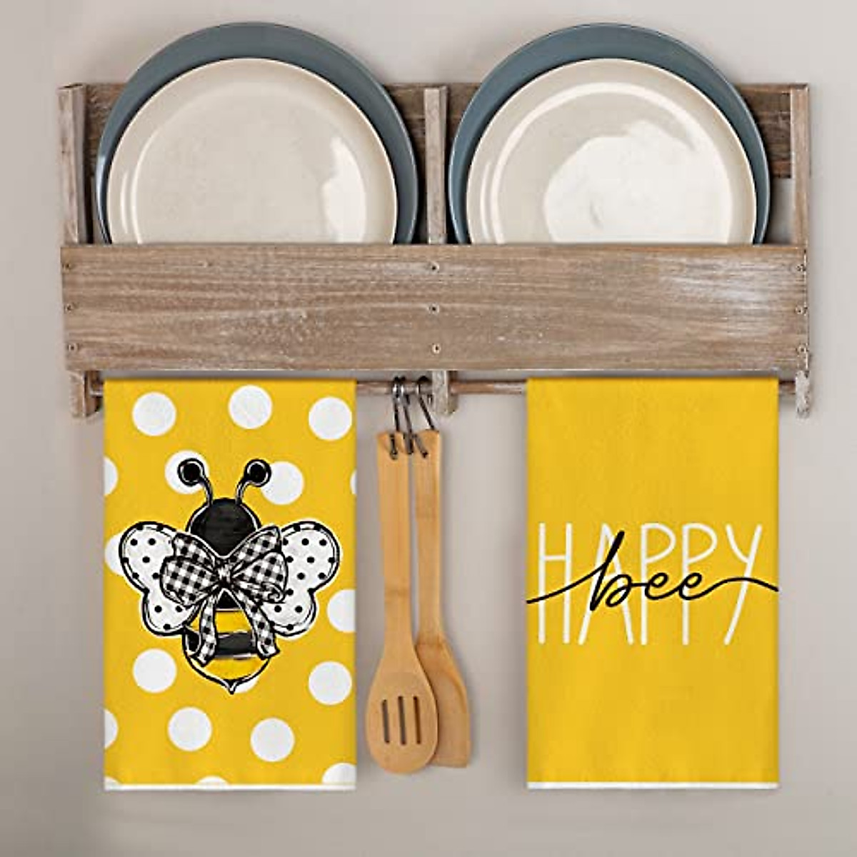 Artoid Mode Bee Happy Summer Kitchen Towels Dish Towels, 18x26 Inch Polka Dot Holiday Decoration Hand Towels Set of 2