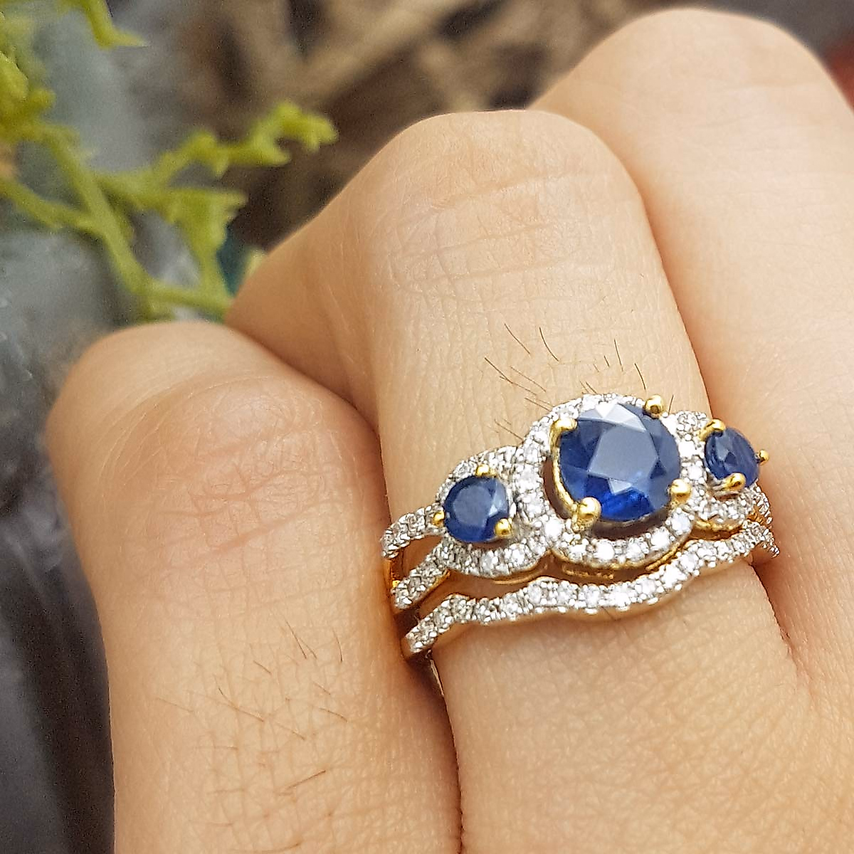 Dazzlingrock Collection Round Blue Sapphire & White Diamond Ladies 3 Stone Halo Wedding Ring Set 10K Yellow Gold, Size 5.5