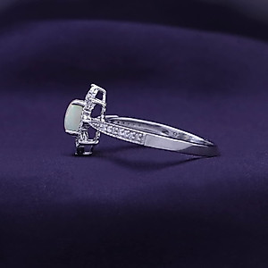 GEMVIO Collection 1/2 CT 6X4MM Oval Cut Natural White Opal Gemstone With Diamond Sunburst Frame Vintage-Style Halo Ring In 14K White Gold Over Sterling Silver Engagement Wedding Ring(0.50Cttw)-9