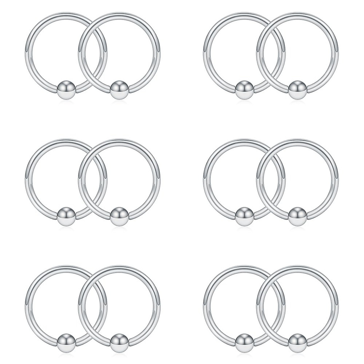 SCERRING 16G 10mm Captive Bead Piercing Ring Stainless Steel Nose Septum Tragus Daith Helix Lip Eyebrow Hoop Rings 12PCS (Silver)