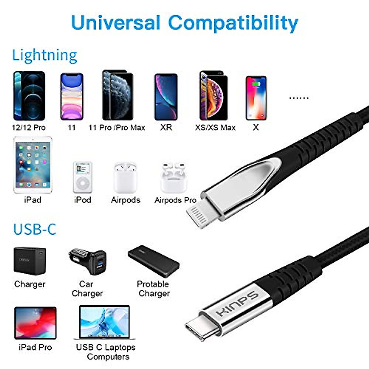 KINPS MFI Certified (10ft/3m) USB C to Lightning Fast Charging Cable Compatible with iPhone 12/11/11Pro/11 Pro Max/XS MAX/XS/XR/X, Supports Power Delivery(for Use with Type C Chargers), Black