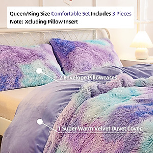 A Nice Night Shaggy Fluffy Faux Fur Duvet Cover Set, Tie Dye Style,Softest, Luxury Ultra Soft Crystal Velvet Bedding Sets, Zipper Closur (Queen, Purple-Blue)