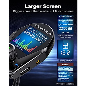 Bluetooth FM Transmitter (Upgraded Version) in-Car Wireless Radio Adapter Kit W 1.8" Color Display Hands-Free Call QC3.0 and Smart 2.4A Dual USB Ports, AUX Input/Output, TF Card MP3 Player