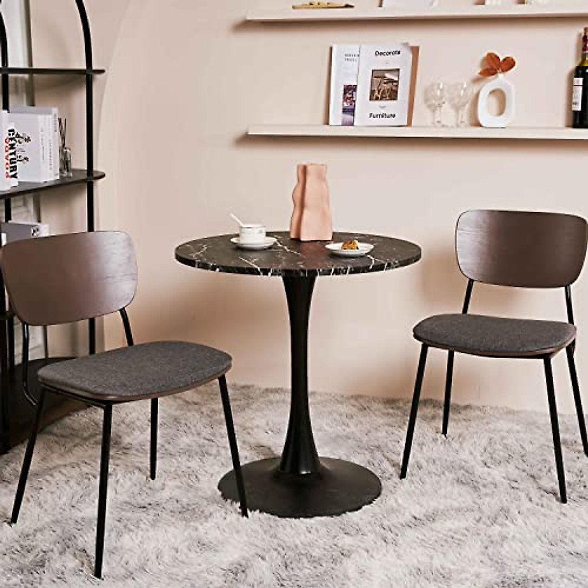 ESSIZOLE Dining Chair, Modern Linen Kitchen Dining Room Chairs Set of 2, Side Chair with Wood Back, Upholstered Armless Chairs with Metal Legs for Dining Room, Bedroom（Matte D-Brown+Grey）
