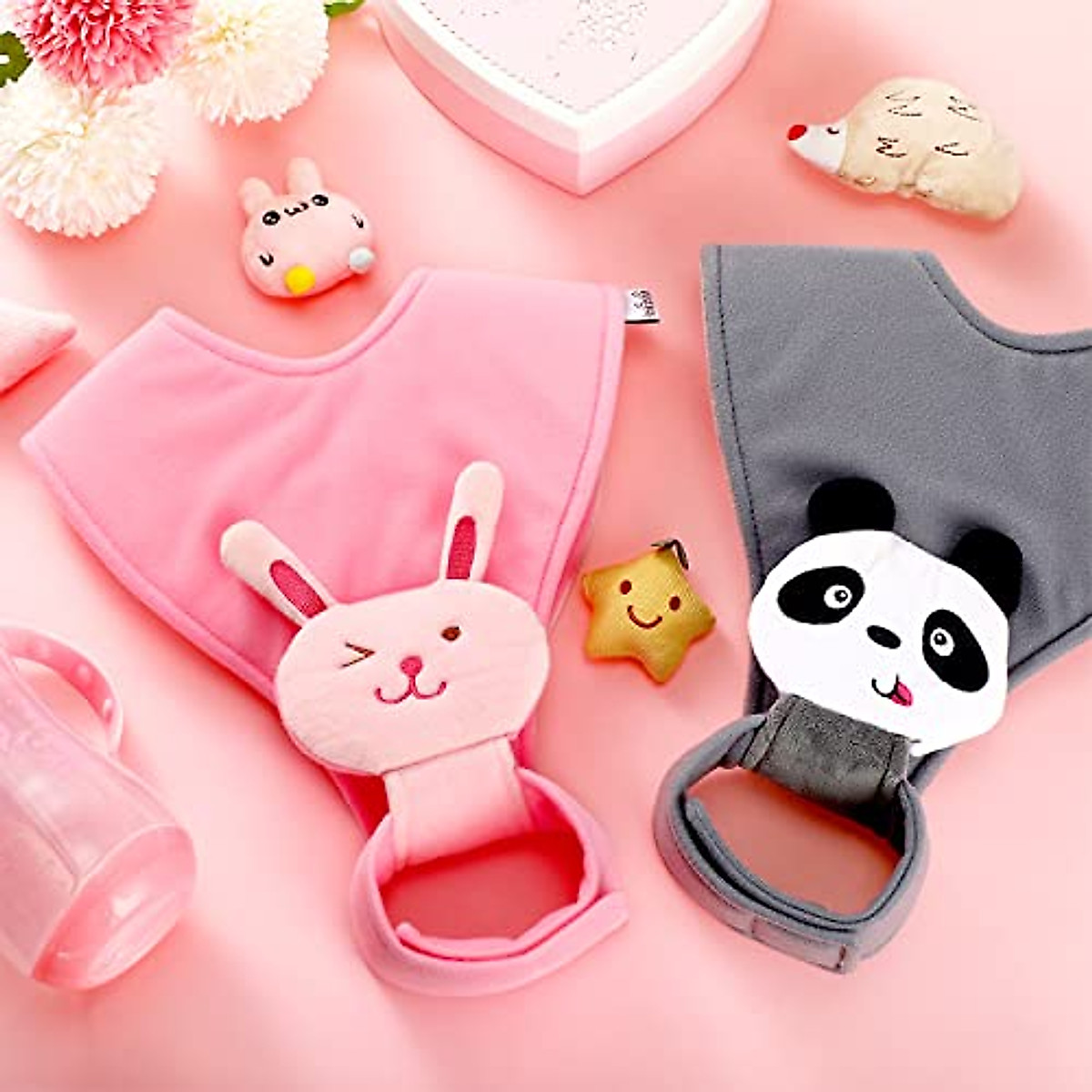 2 Pcs Adjustable Baby Bottle Holder Car Seat Bottle Spare Baby Bottle Feeding Sling Bottle Drink Holder Bracket Strap Tight Loop and Hook Tape for Hanging (Grey, Pink, Lovely Style)