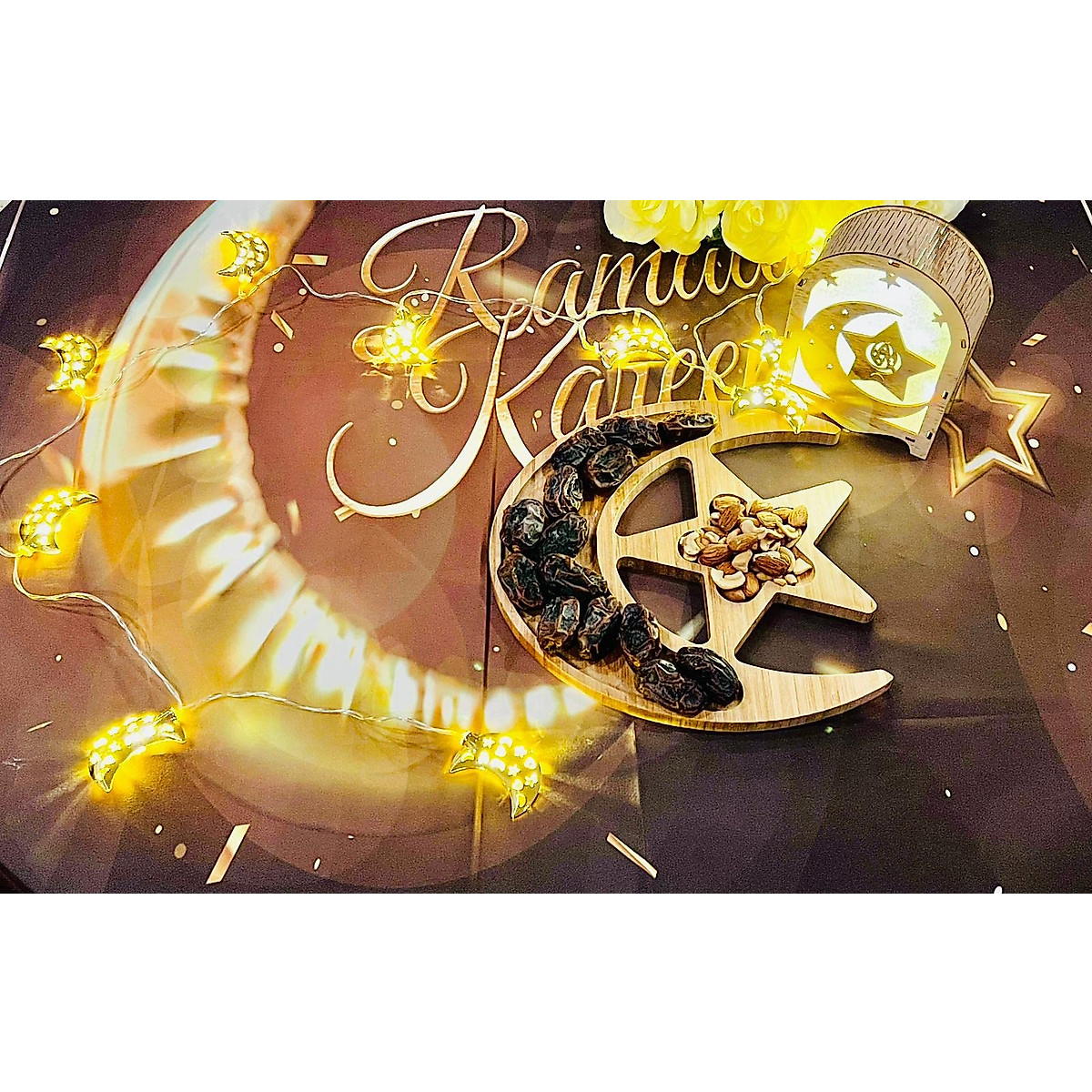 Eid Gift Crescent Moon Star Tray, Eid Décor, Eid Party Platter, Iftar Décor, Appetizer Serving Tray Party Serving Tray Wooden Tray for Stones, Wooden Tray (3 Pcs/Set)