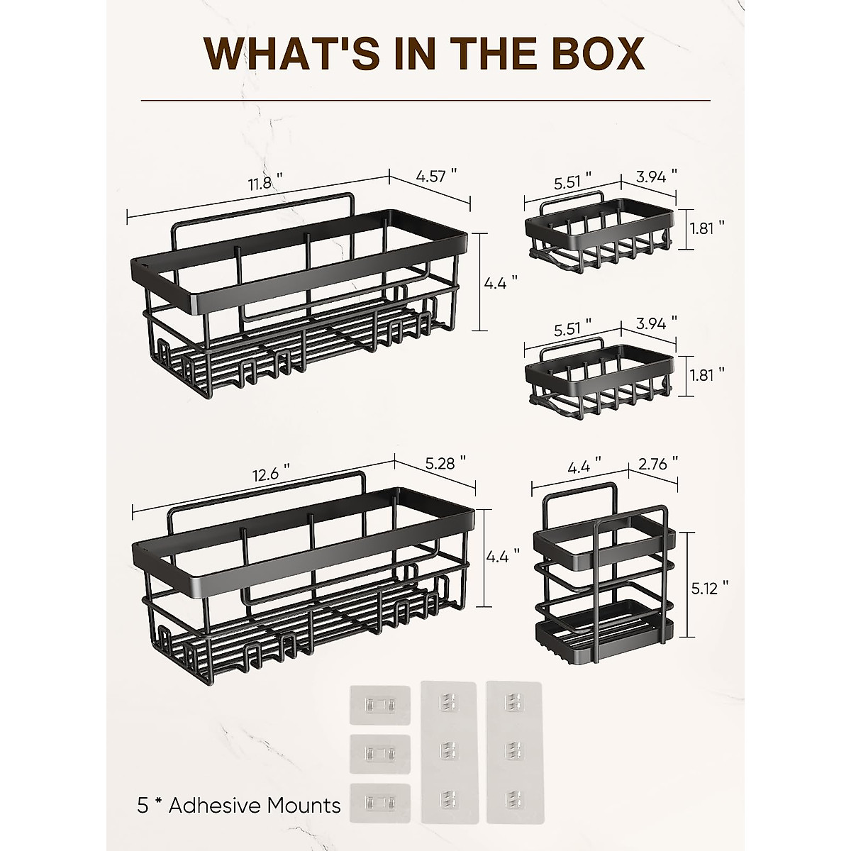 Cobbe Adhesive Shower Caddy 5-Pack, Large Wall Mounted Shower Shelves Rack, Organizer Storage Accessories with Soap Dish&Toothbrush Holder, Shelves for Bathroom Storage & Home Kitchen Decor, Black