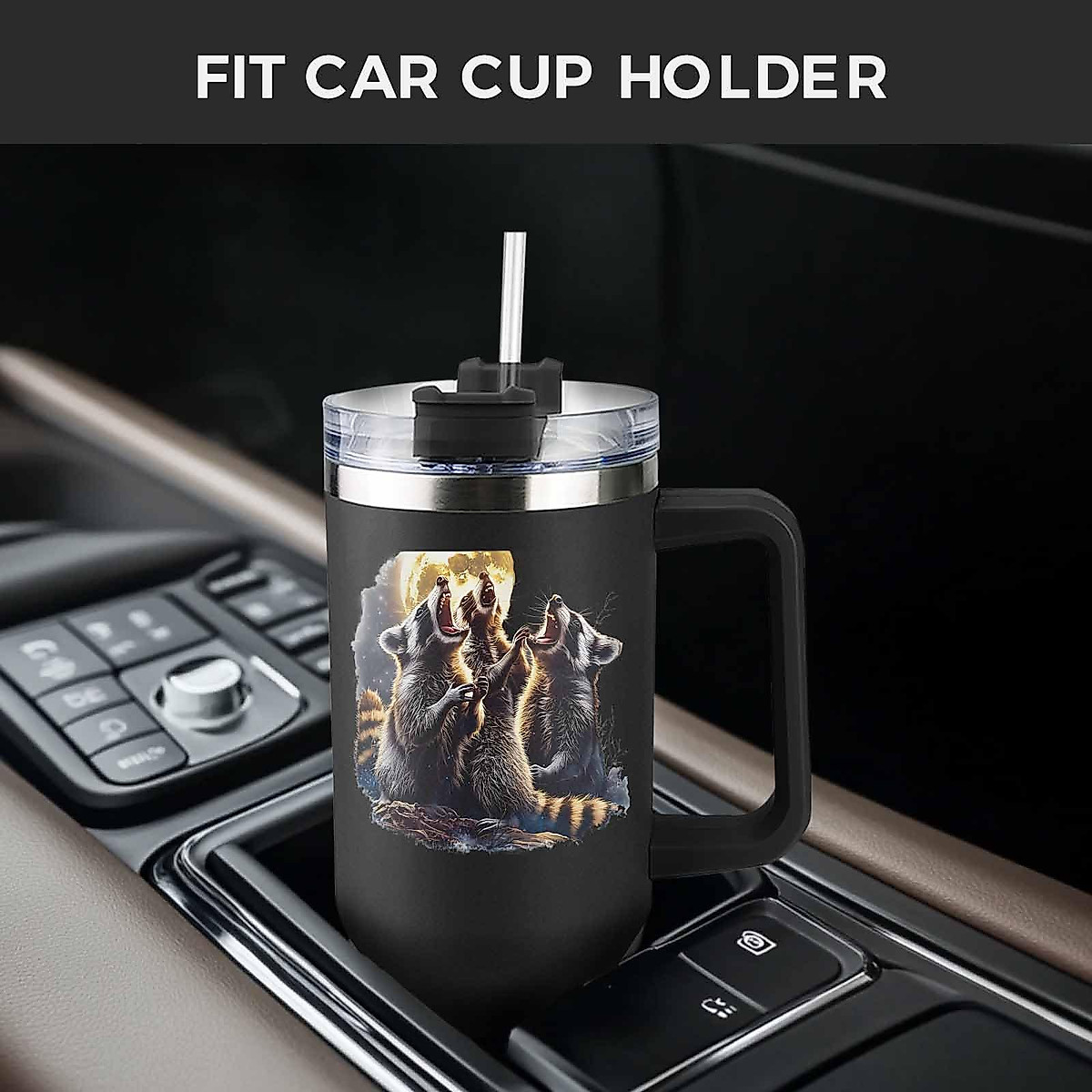 40 Oz Insulated Tumbler with Handle and Straw,Three Little Raccoon Stainless Steel Vacuum Insulated Travel Mug,Leak-proof Water Bottle Iced Coffee Cup,The Moonlight Animal
