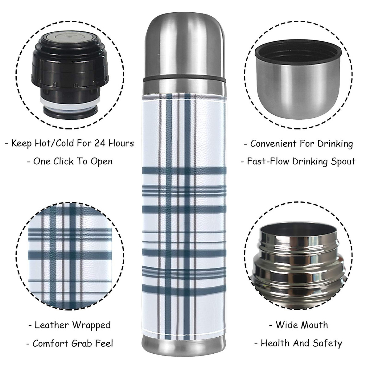 Stainless Steel Leather Vacuum Insulated Mug Thick Lines Thermos Water Bottle For Hot And Cold Drinks Kids Adults 16 Oz