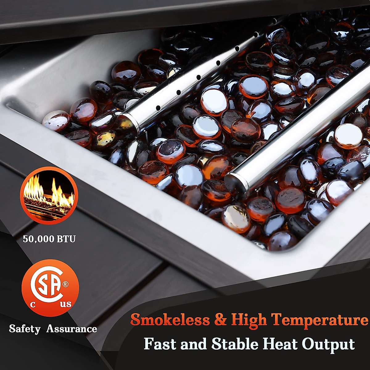 NOBLEMOOD 48 INCH Propane Fire Pit Outdoor Fire Table w/Faux Ledgestone Base, 50,000 BTU Gas Fire Pit Table w/Fire Pit Wind Guard, Aluminum Table Top & Waterproof Cover, CSA Certification