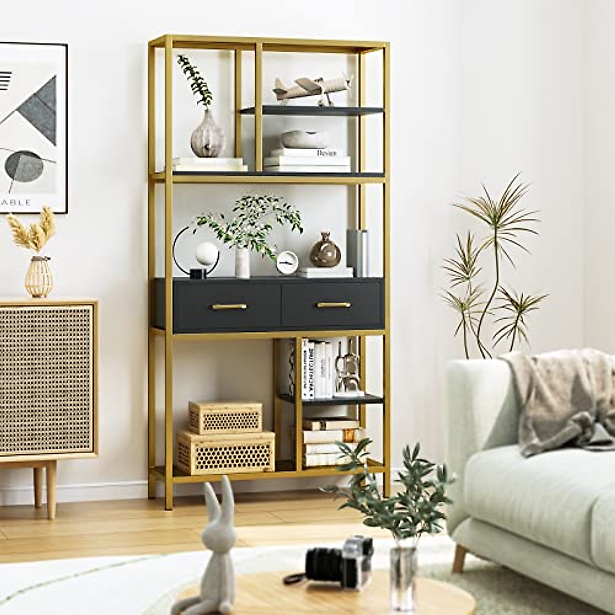 HITHOS Bookshelf, Tall Bookcase with 2 Drawers and Storage Shelves, Industrial Etagere Bookcase Book Shelves for Office, Living Room, Black/Gold