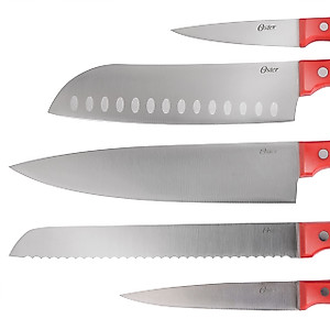 Oster Scottsdale Stainless Steel Kitchen Knife Cutlery Block Set (14-Piece), Red