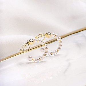 YOQUCOL Simulated Freshwater Pearl Golden Clip On Hoop Earrings Non Pierced Ears Hoops for Women(25MM)