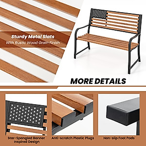 Tangkula 50” Outdoor Garden Bench, 2-Person Metal Patio Chair with Flag Pattern Backrest & Rustic Wood Grain Finish, Patriotic Bench with Arms for Porch, Deck, Park, Brown & Black
