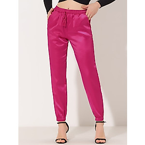 Allegra K Women's Drawstring Elastic Waist Athleisure Pants Ankle Length Satin Joggers with Pocket Large Hot Pink