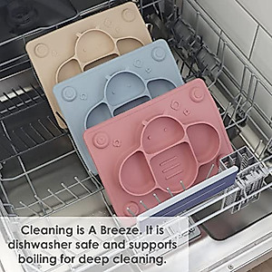 [Upgraded] ROCCED Suction Plates for Baby placemat Spoon Fork Set for Toddlers, Silicone Baby Plates with Suction Baby Dishes for Kids Plates-Dusty blue