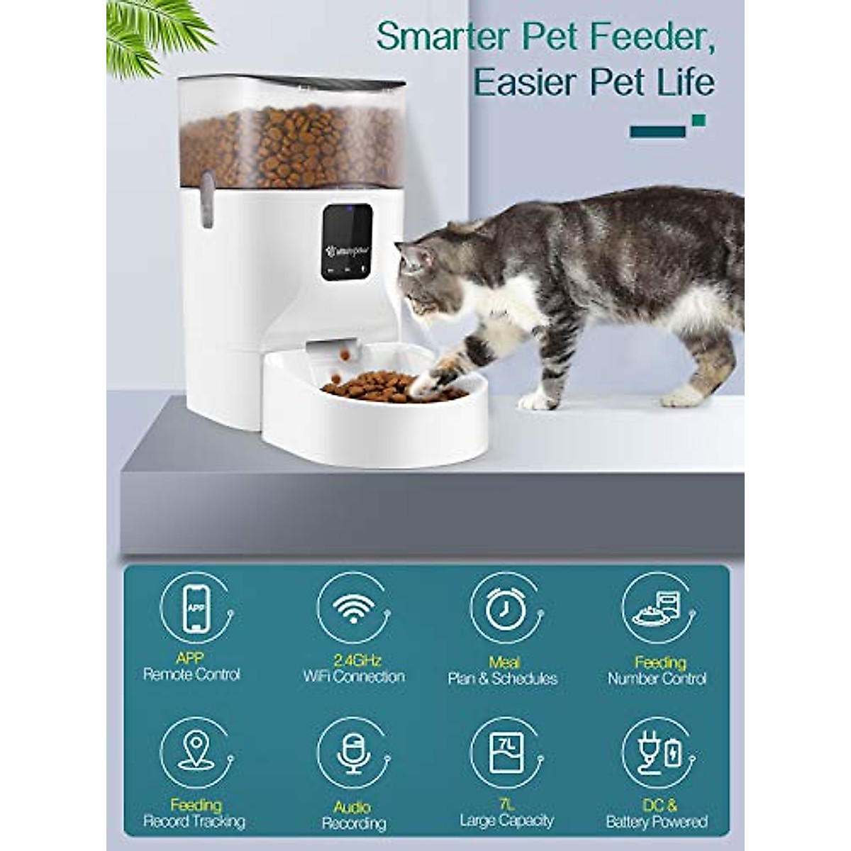 VavoPaw 7L Automatic Cat Feeder, WiFi Enabled Smart Food Dispenser for Cats, Dogs & Small Pets with APP Control, Programmable Timer, Voice Recorder and Portion Control Up to 10 Meals per Day, White
