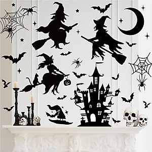 JarThenaAMCS Halloween Wall Stickers Black Witch Castle Spider Bat Wall Decals Removable Room Mural Stickers for Home Hocus Pocus Party Decor, 11.8 x 13.8 Inch, 8 Sheets