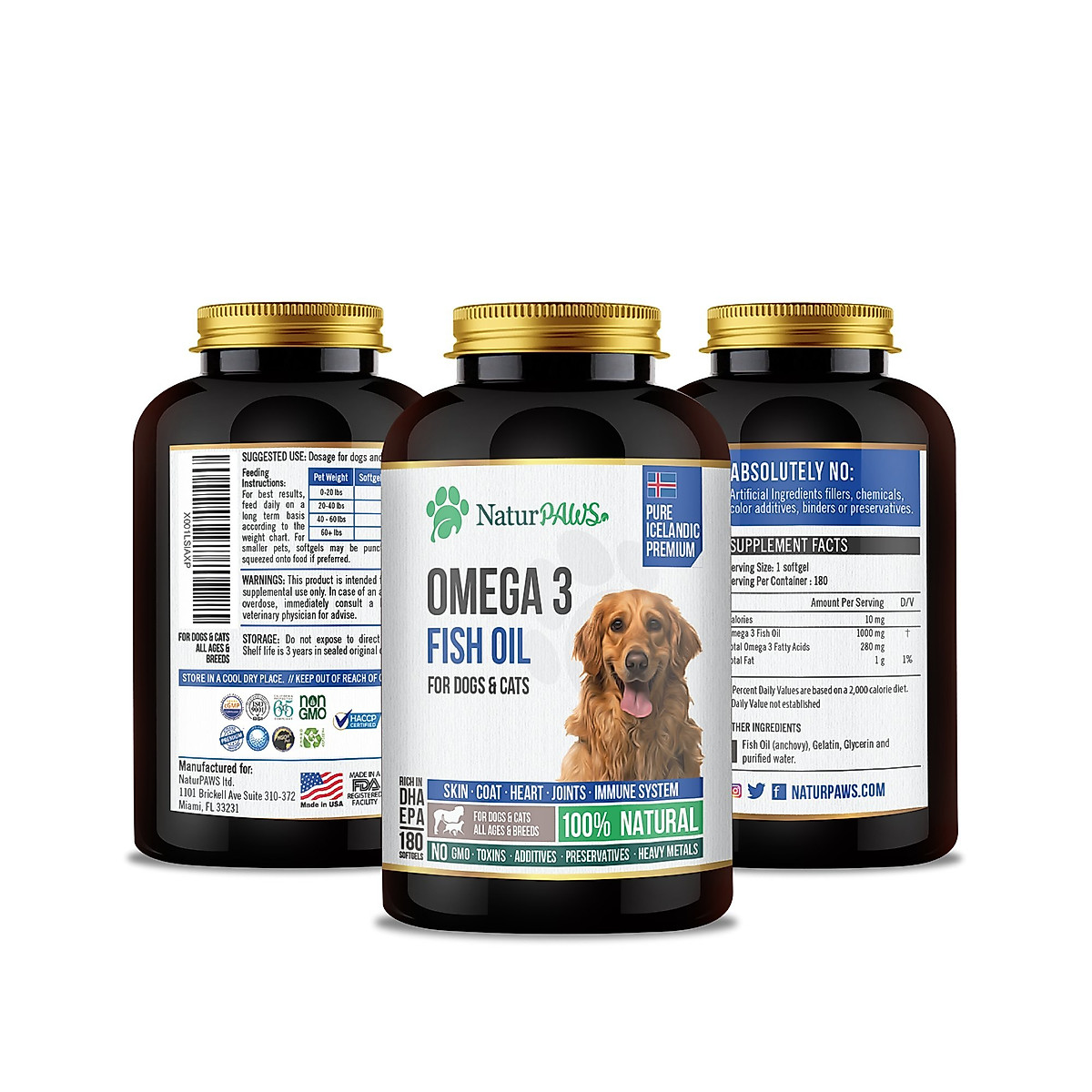 NATURPAWS Omega 3 Fish Oil Supplement for Dogs and Cats - 1000 mg Pure DHA and EPA Omegas - Supports Healthy Coat and Skin, Heart, Immune System, Joints and Hip - 180 softgels