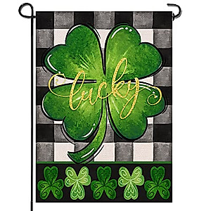 Artofy St Patricks Day Shamrock Small Decorative Garden Flag, Lucky Clover Irish Yard Lawn Outside Decor, Buffalo Plaid Check Farmhouse Outdoor Home Decoration Double Sided 12 x 18