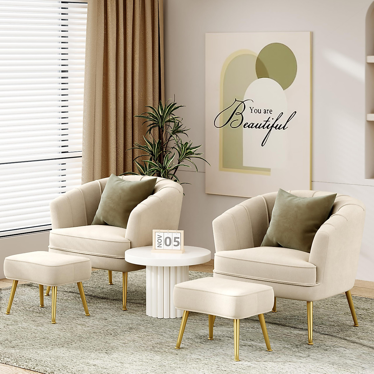 SHINEBOOM Velvet Accent Chairs with Ottoman for Living Room Bedroom Office Leisure Upholstered Single Sofa Chair Arm Chair Comfy Chair Reading Club Coffee Chair with Metal Legs, Beige