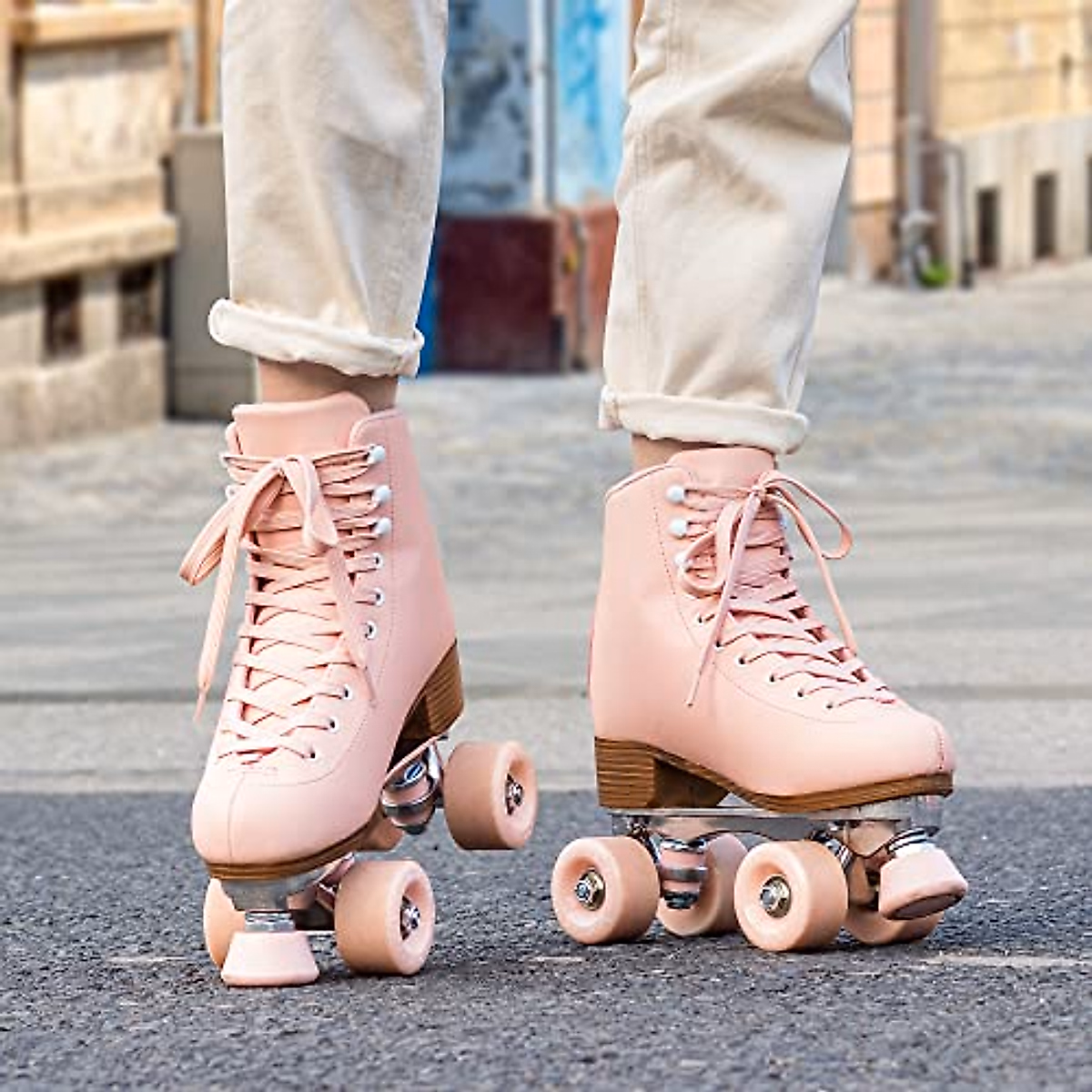 Tuosamtin Roller Skates for Women/Youth with Height Adjustable stoppers Retro Quad Roller Skates for Outdoor and Indoor (7, Pink)