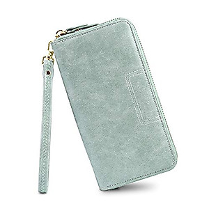 FT FUNTOR Wristlet Wallet for Women, Ladies Zip around Wallet PU Vegan Leather Clutch Bifold Long Purse Phone Card Holder Organizer Green