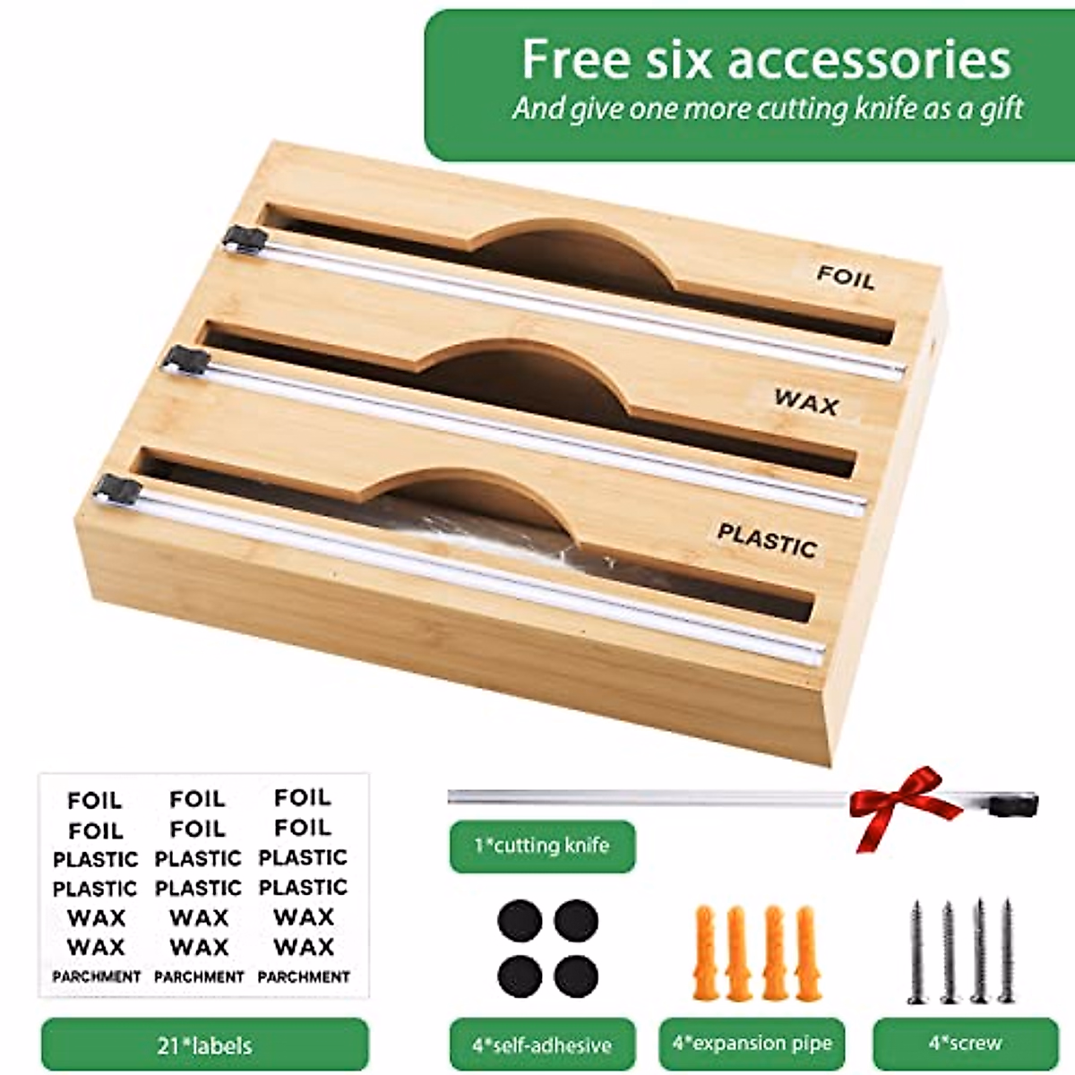 3 in 1 Wrap Dispenser with Cutter and Labels,Foil and Plastic Wrap Organizer for Kitchen, Storage Organizer for Aluminum Foil and Wax Paper,Wall Mount Bamboo Roll Organizer Holder，Send Slide Knife