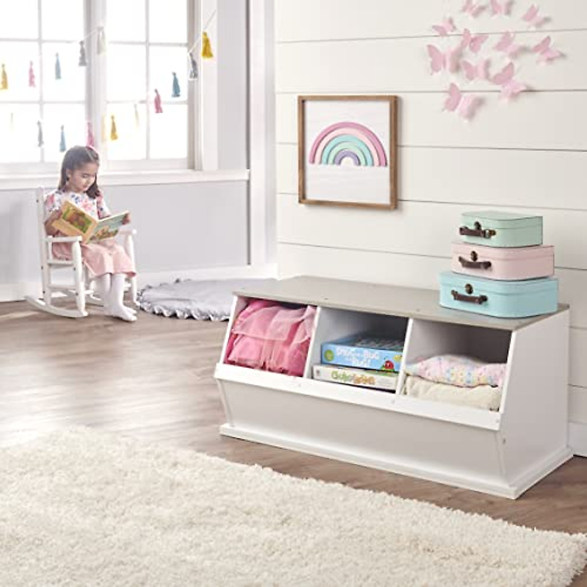 Badger Basket Three Bin Stackable Toy Storage Cubby Organizer - White/Gray Woodgrain