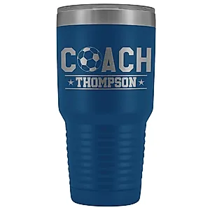 Personalized Soccer Coach Tumbler Cup With Coach Name - Customized Soccer Coach Gift - Custom Soccer Coach Travel Mug - Blue
