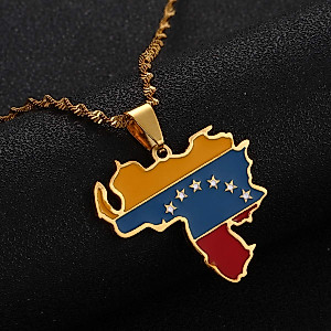 Huangshanshan Venezuela Map Flag Pendant Necklace Gold Color Jewelry Venezuelan Items (gold)