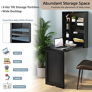 GOFLAME Wall Mounted Desk, Folding Floating Desk with 3-Tier Tilt Storage Partition and Adjustable Shelves, Space-Saving Fold up Desk Laptop Desk, Convertible Writing Desk for Home Office, Black