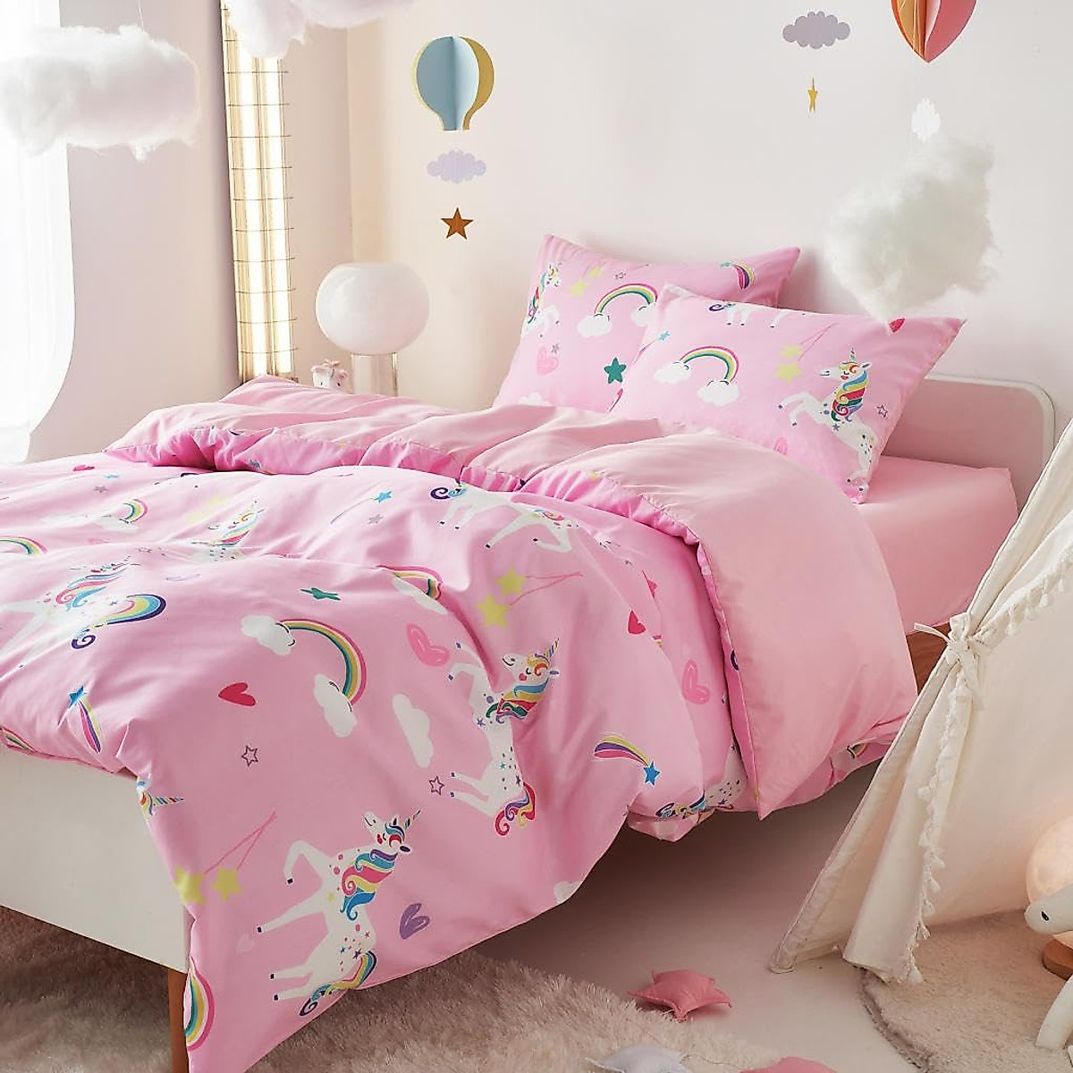 Wake In Cloud - Unicorn Bedding Set for Girls, Cute Rainbow Unicorn Patterned Soft Lightweight Comforter Set with Sheets, 5 Pieces Kids Bed in a Bag, Pink, Twin Size
