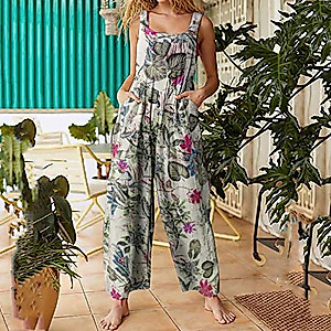 Sdeycui Women's Landscape Floral Printed High Waist Loose Romper Jumpsuit with Pocket(White, M)