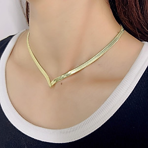 NALISASA 14K Gold Flat Snake Chain Choker Necklaces, Simple Minimalist V-Shaped Short Collar Clavicle Necklace Women Jewelry, Herringbone Necklace for Women