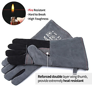 RAPICCA Fireplace Gloves Fire Heat Resistant: Grey 16IN - Fireproof Leather for Fireplace Fire pit Wood stove Campfire Furnace BBQ Grill Stick Mig Welding Welder Gear - one size 662℉